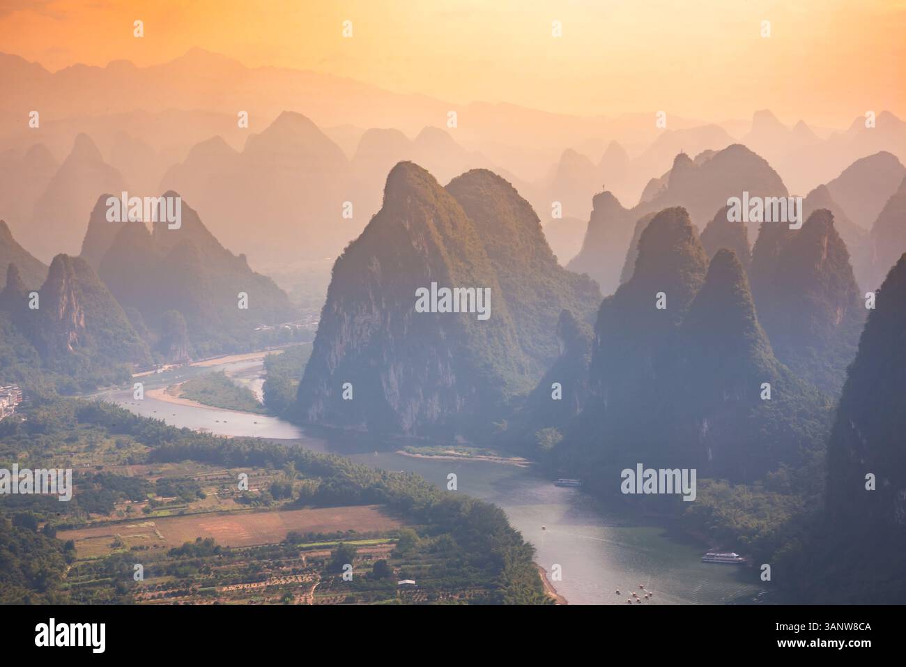 Aerial panoramic view to Li river valley in Guilin, China. Karst hills ...