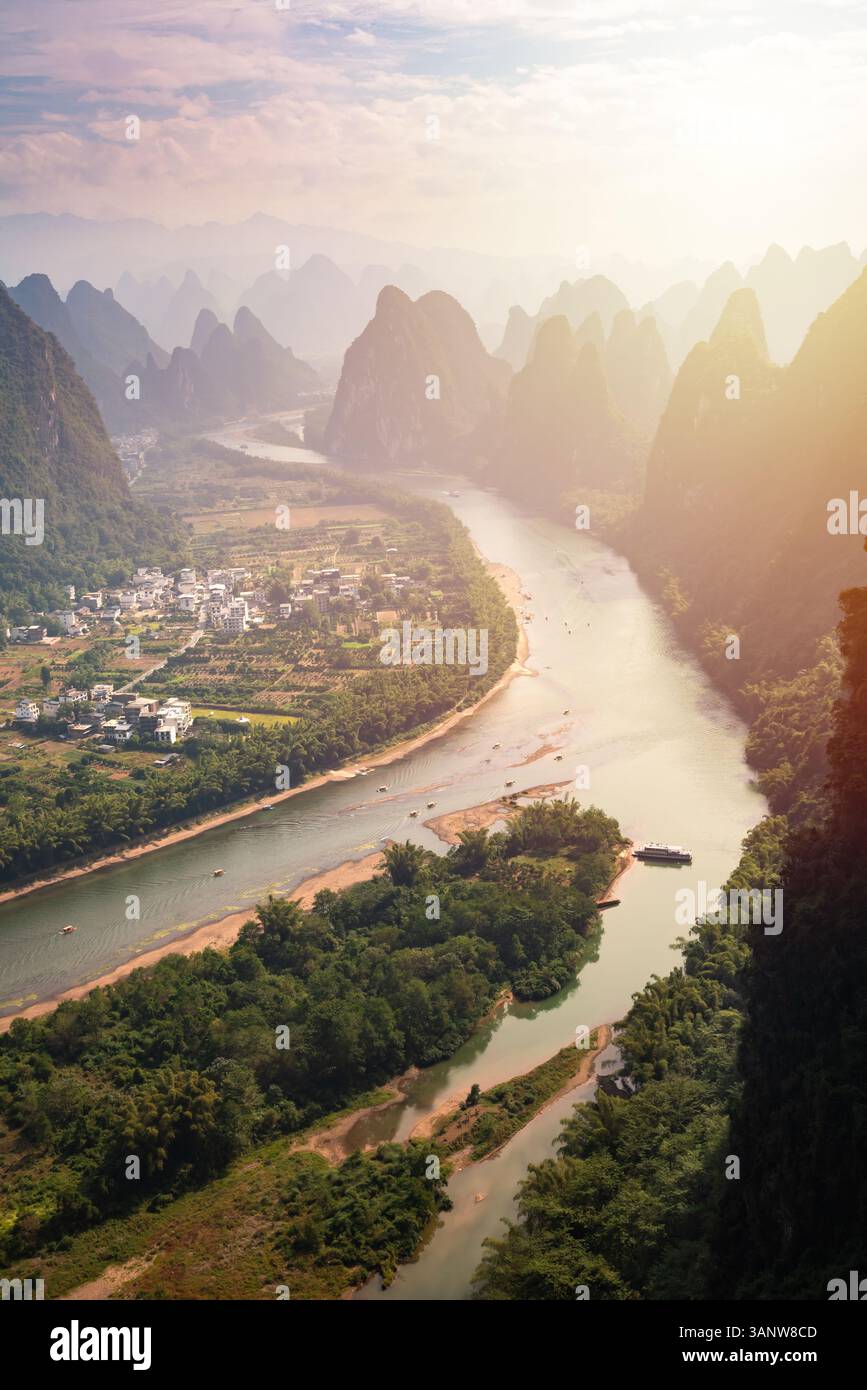 Aerial panoramic view to Li river valley in Guilin, China. Karst hills ...