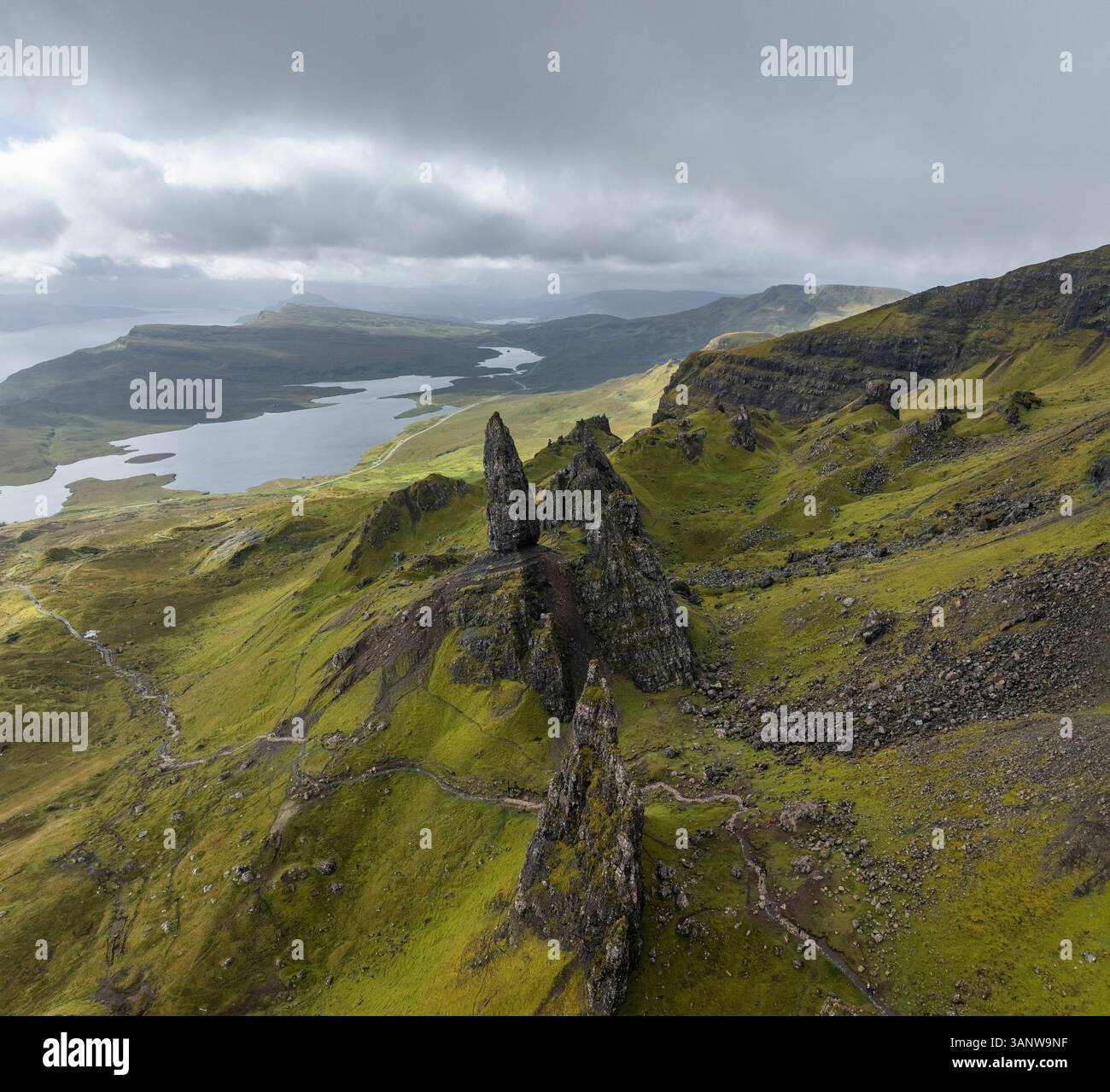 Aerial view of the majestic Old Man of Storr with rugged rock ...