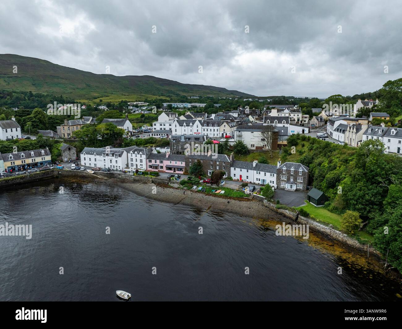 Aerial view of Loch Portree surrounded by charming houses and serene ...