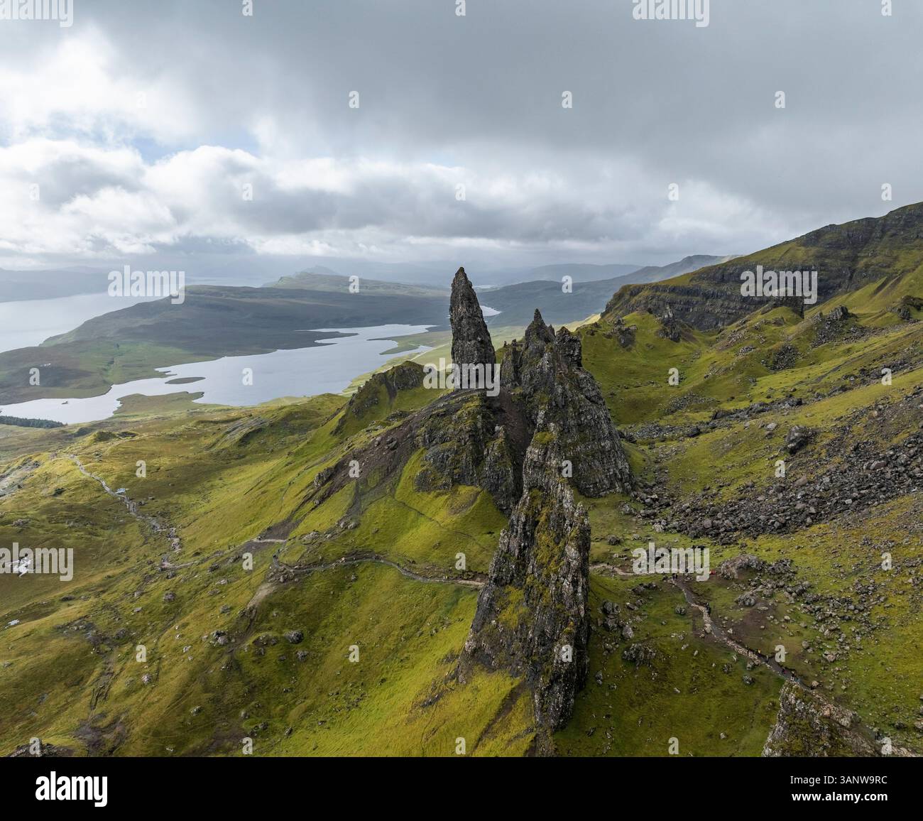 Aerial view of the iconic old man of storr rock formation surrounded by ...