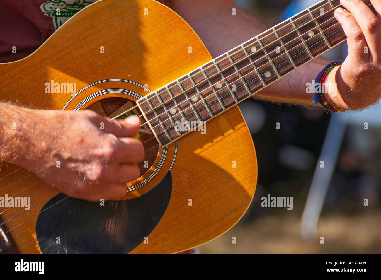 Fingers forming chord on steel string acoustic guitar, Close-up of ...