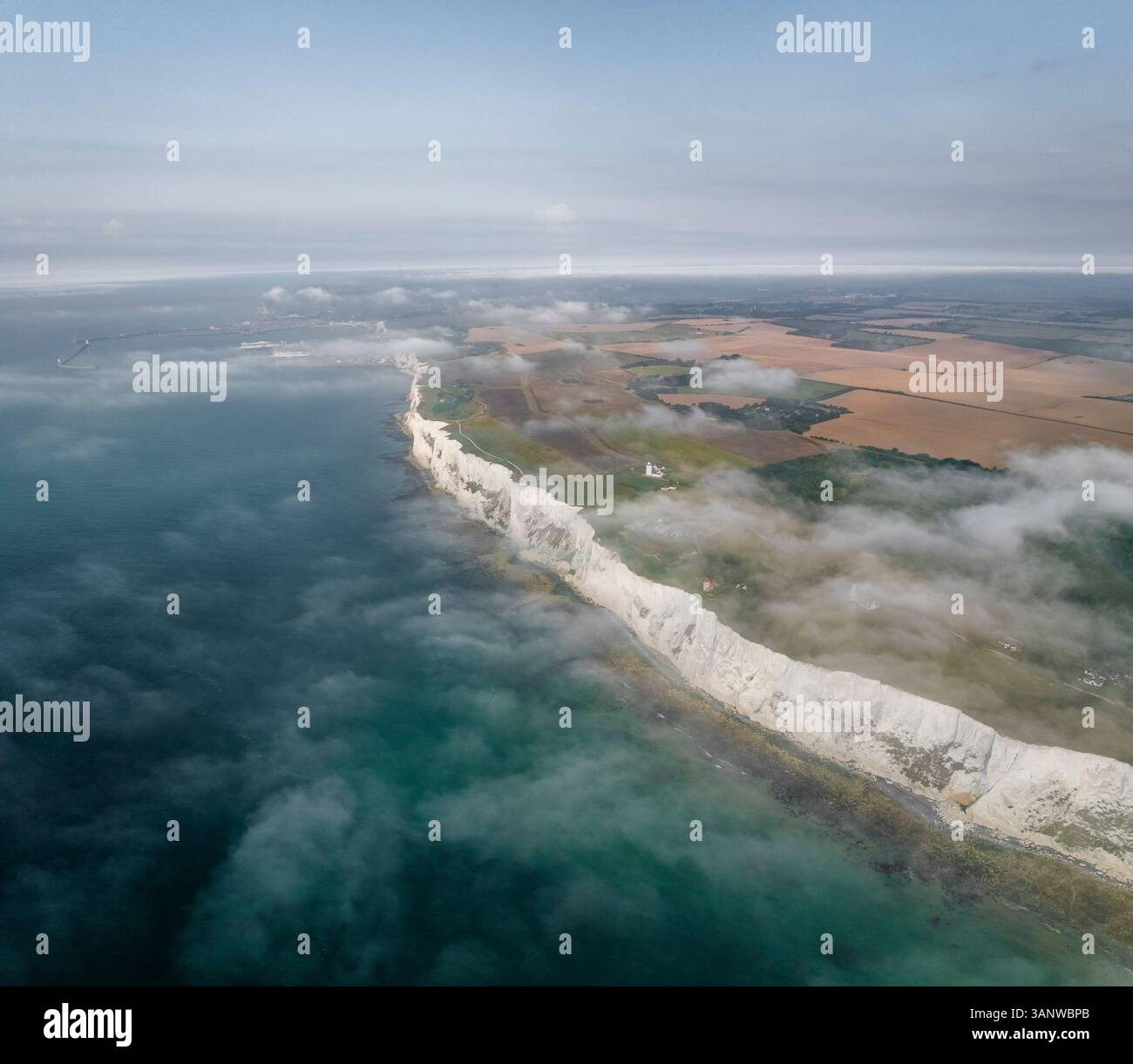 Aerial view of the majestic white cliffs of Dover overlooking the ...