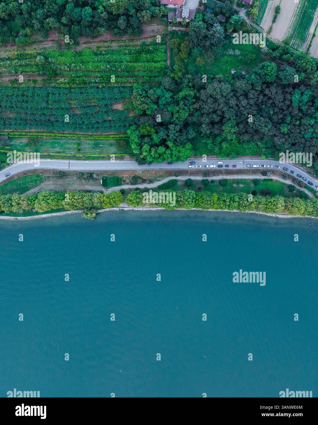 Aerial view of serene Viverone Lake surrounded by lush greenery and a ...