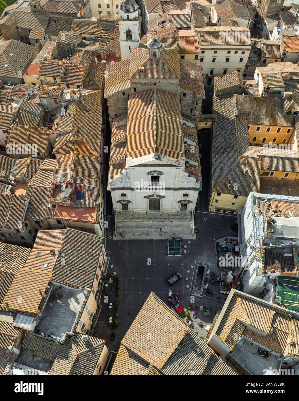 Aerial view of charming medieval rooftops and historic stone buildings ...