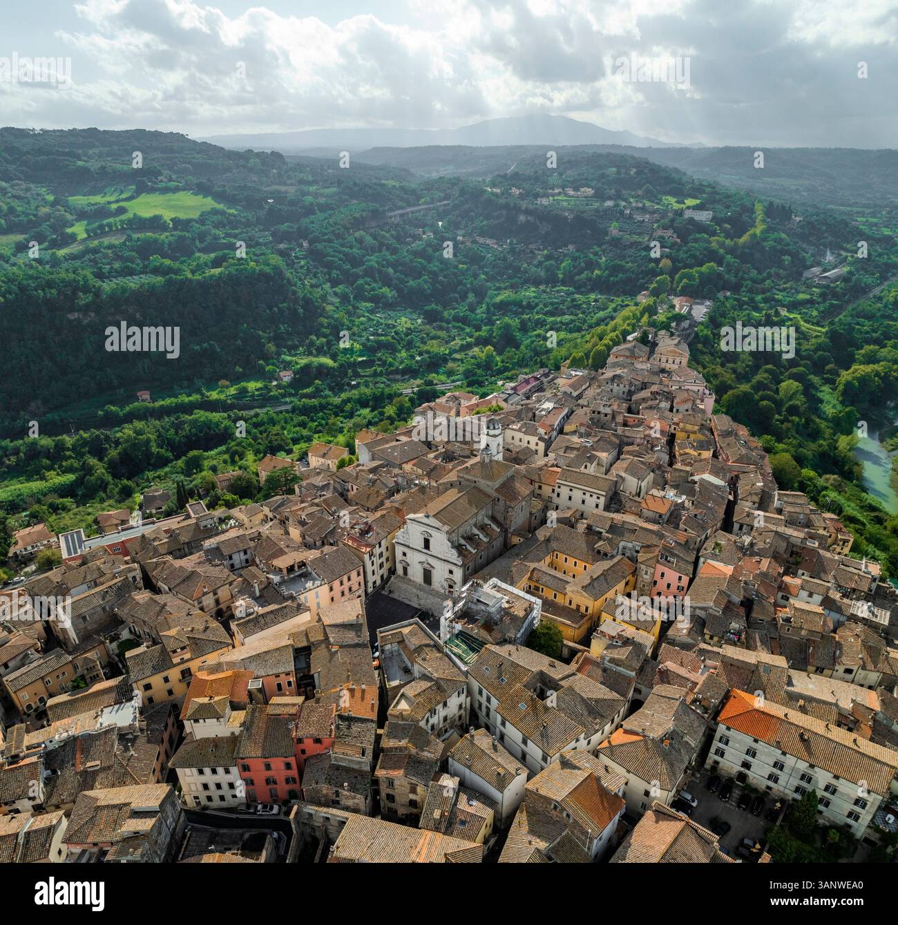 Aerial view of picturesque medieval town with charming rooftops and ...