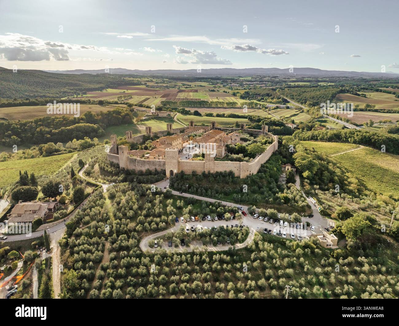 Aerial view of the medieval castle and picturesque village surrounded ...