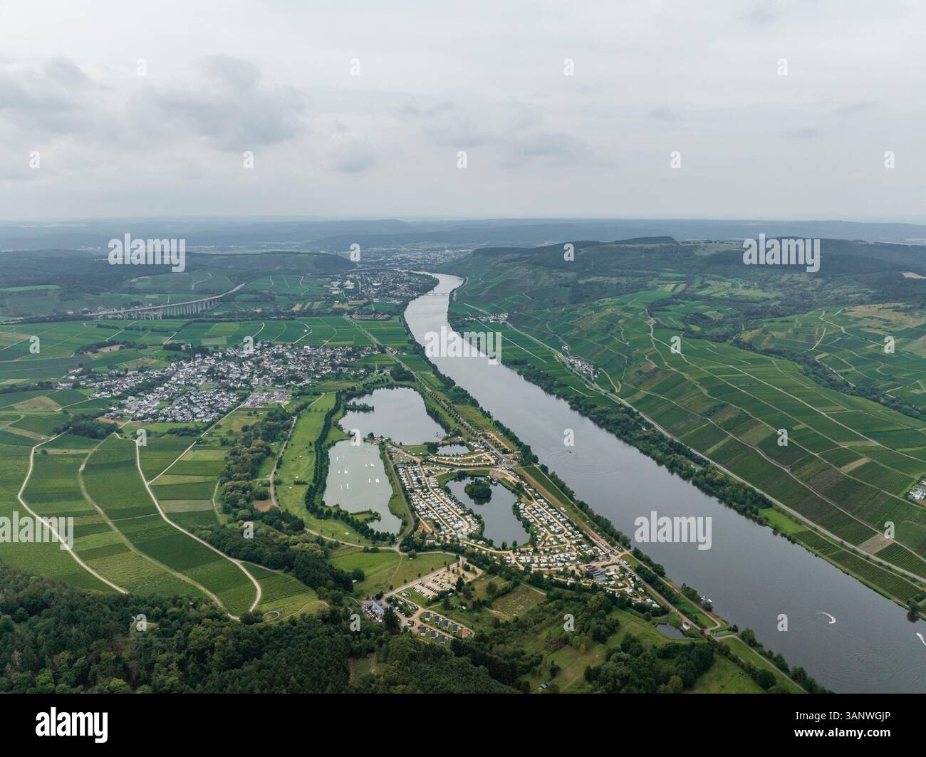 Aerial view of the scenic Moselle River surrounded by beautiful ...