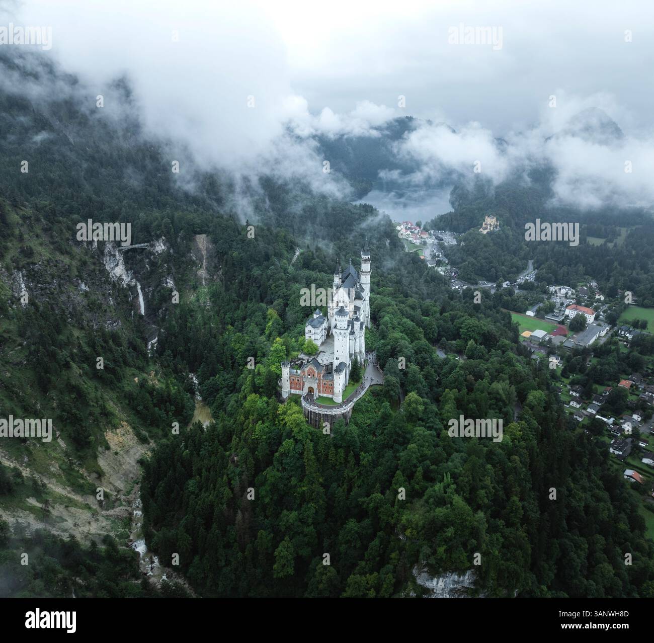 Aerial view of neuschwanstein castle surrounded by lush forest and ...
