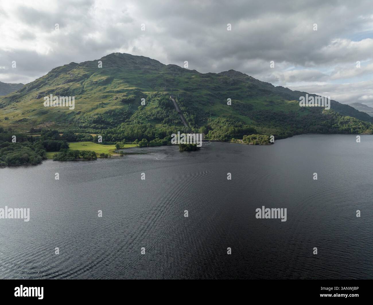 Aerial view of serene Loch Lomond surrounded by idyllic hills and ...