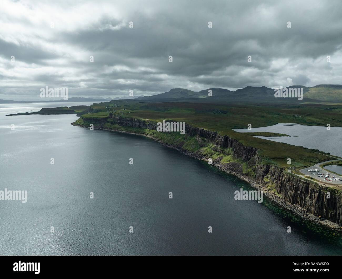 Aerial view of rugged cliffs and tranquil waters of the North Sea ...