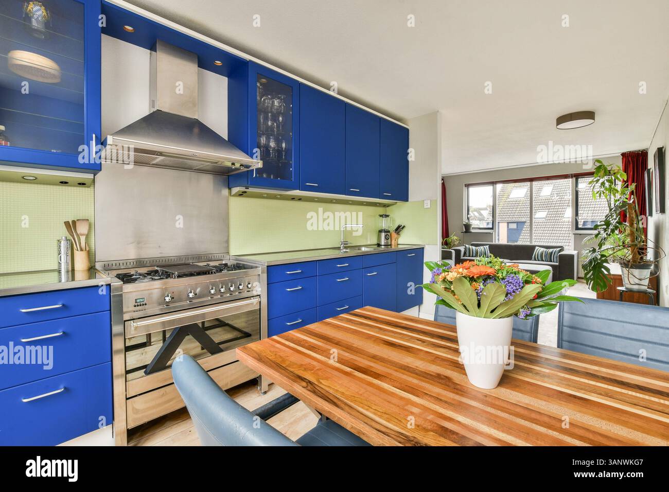 A contemporary kitchen featuring vibrant blue cabinetry, stainless ...