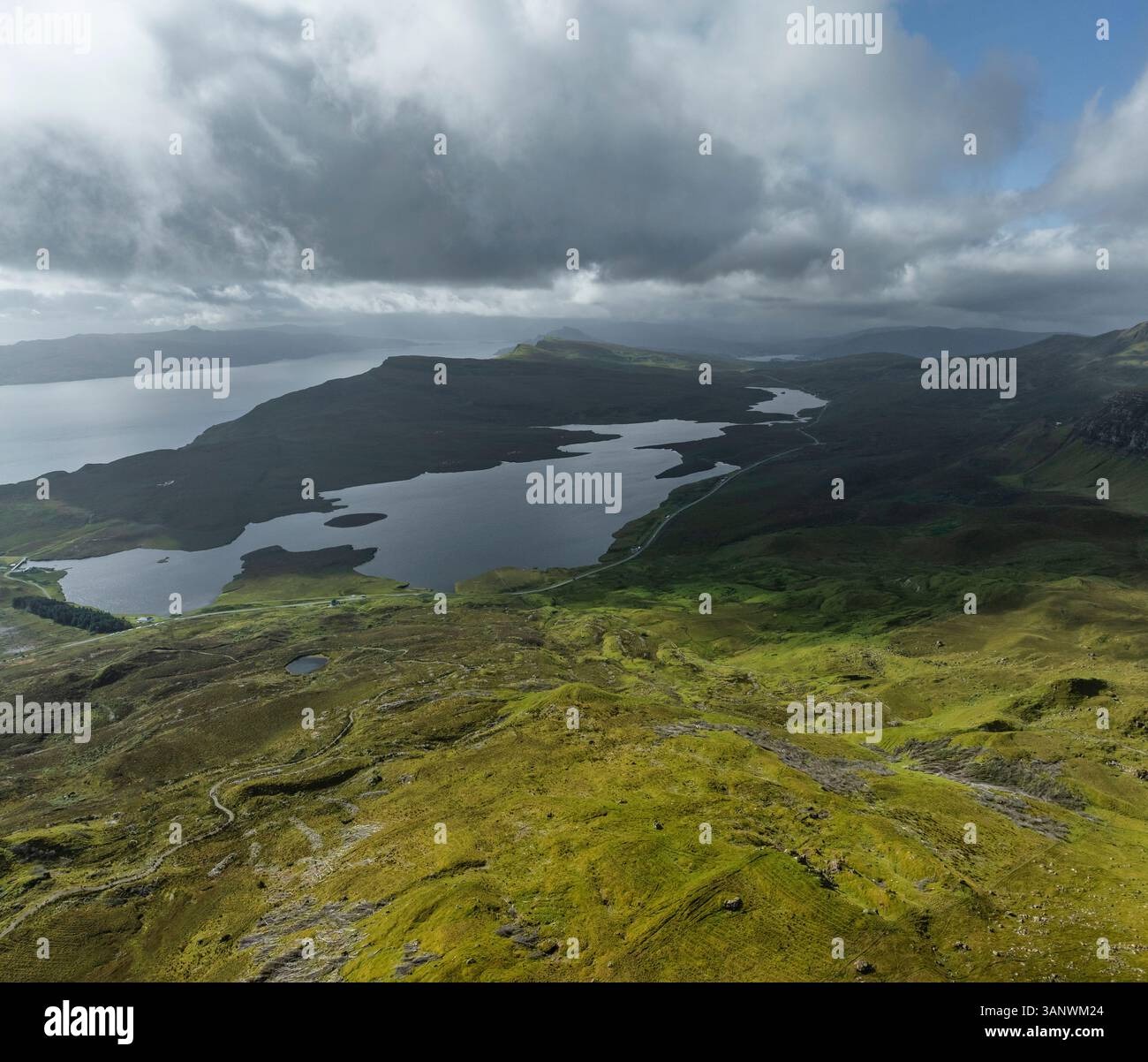 Aerial view of the majestic Old Man of Storr surrounded by rugged ...