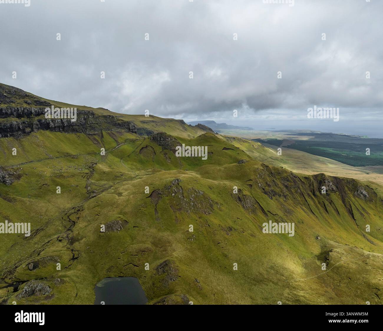 Aerial view of the majestic Old Man of Storr surrounded by rugged ...