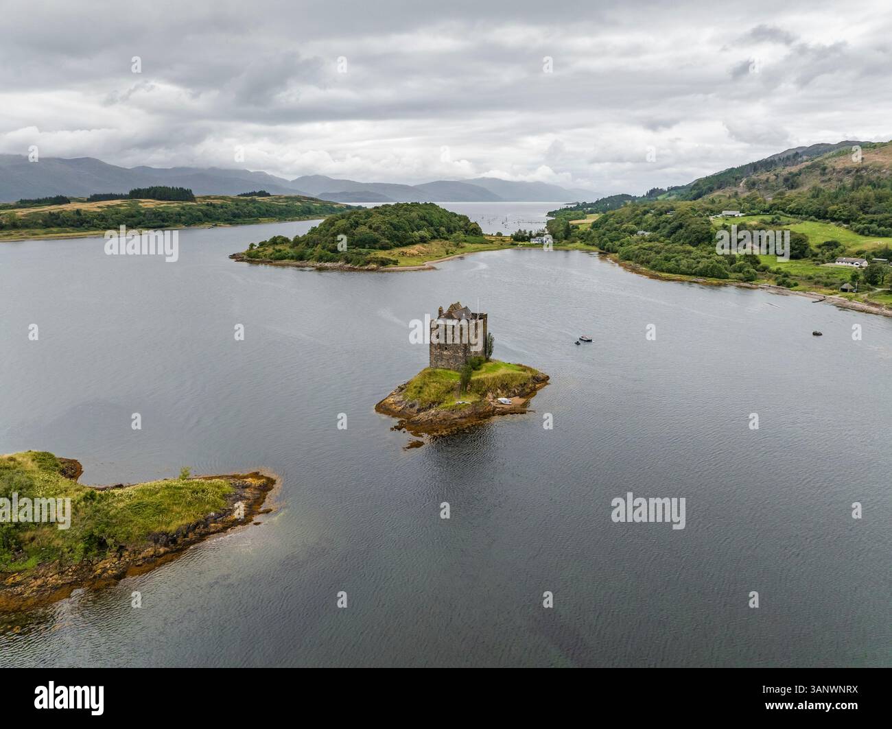 Aerial view of castle stalker on a tranquil island in loch linnhe ...