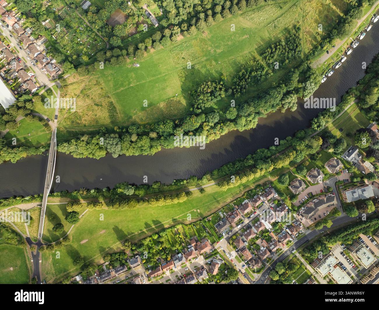 Aerial view of River Ouse flowing through a beautiful urban landscape ...