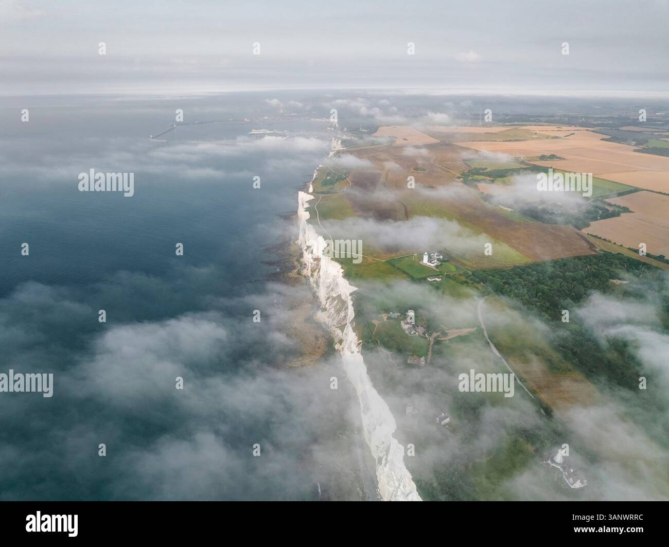 Aerial view of the majestic white cliffs of Dover and the serene ...