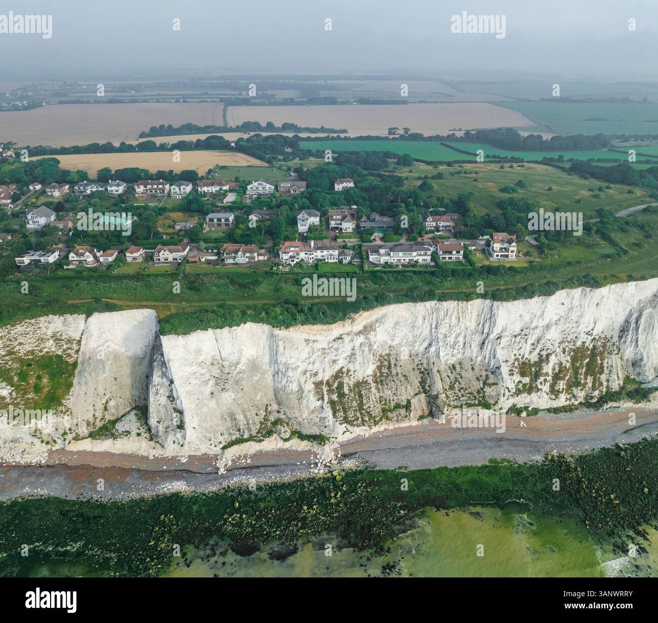 Aerial view of the iconic white cliffs overlooking the English Channel ...