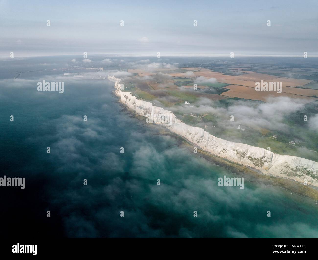 Aerial view of the majestic white cliffs of Dover overlooking the ...