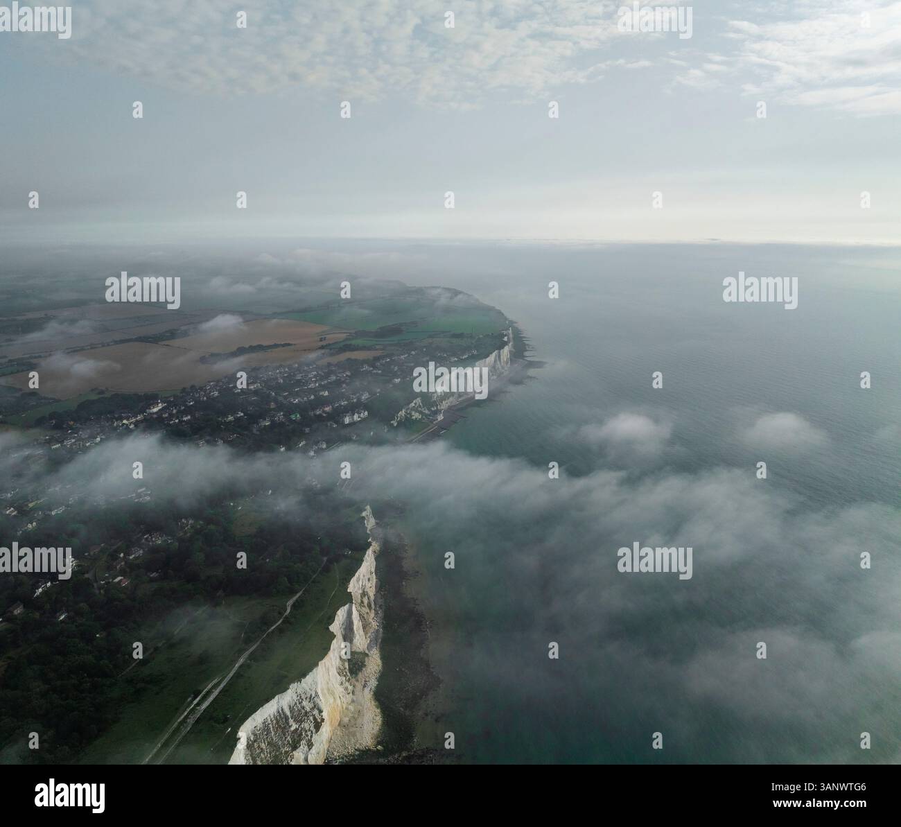 Aerial view of the breathtaking white cliffs of Dover overlooking the ...