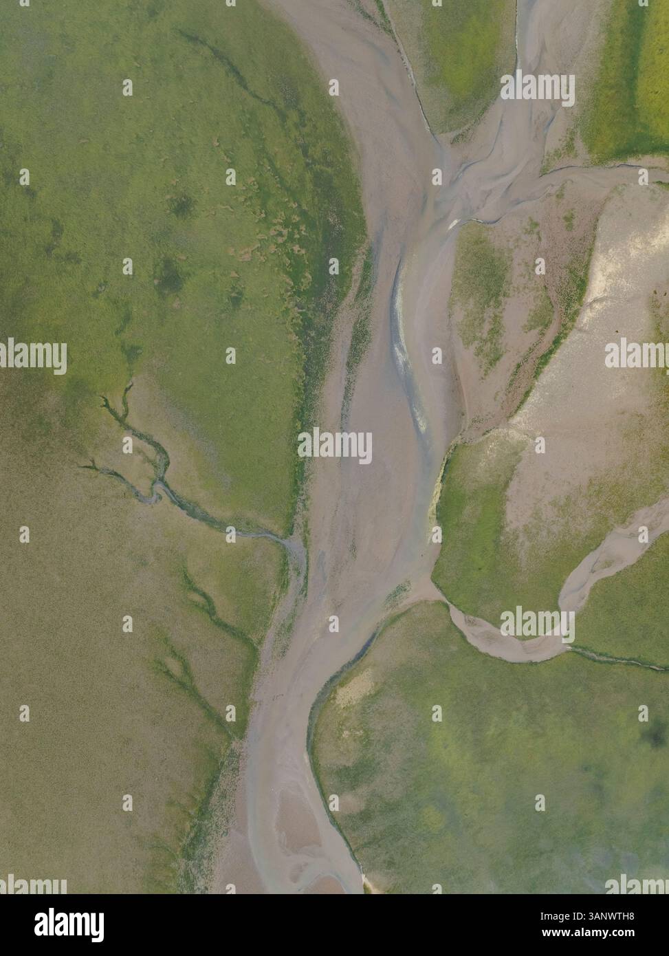 Aerial view of beautiful wetlands and serpentine river at low tide ...