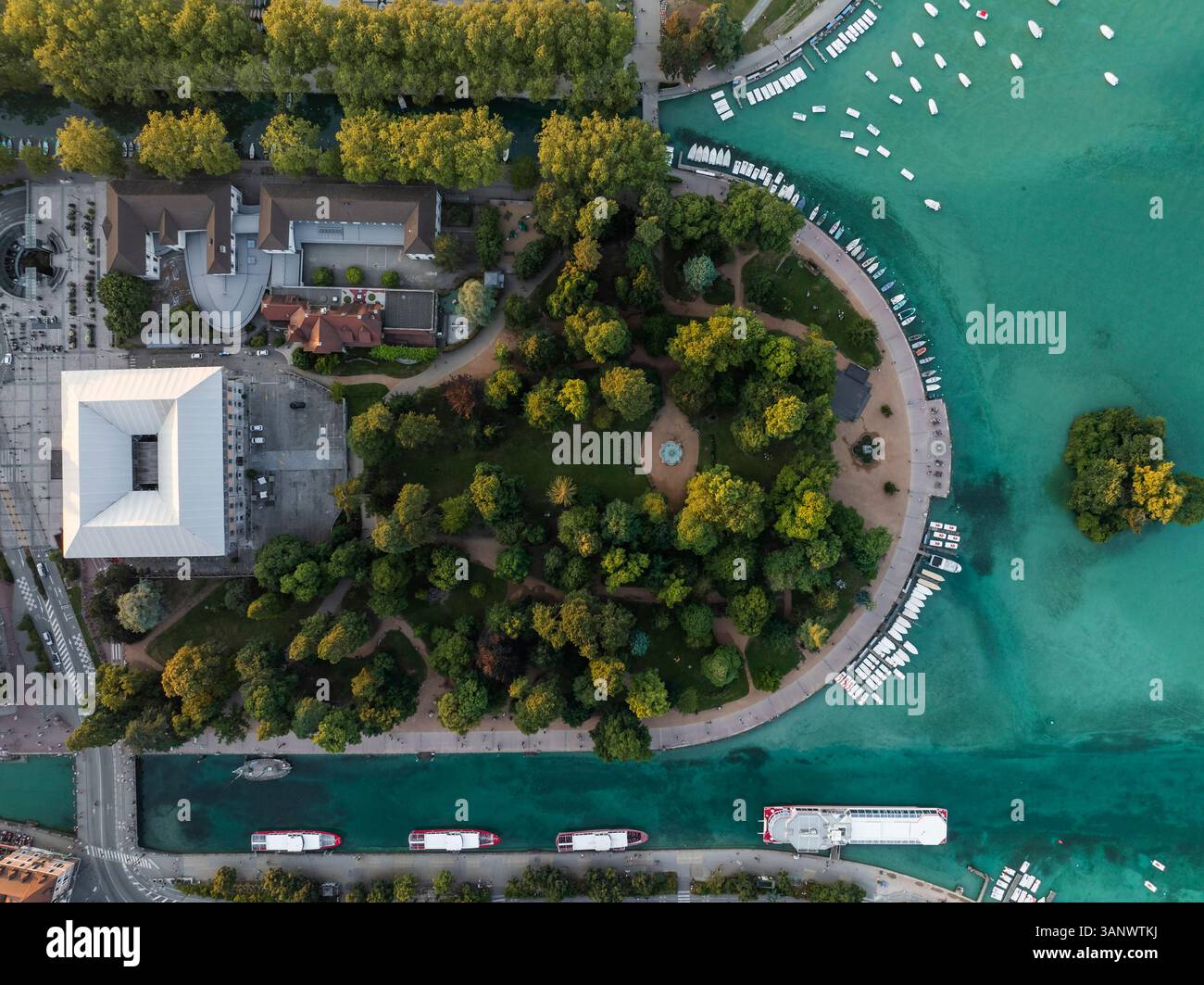 Aerial view of Jardin d'Europe park with tranquil river, beautiful ...