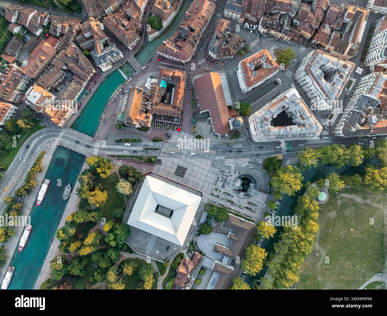 Aerial view of picturesque Vieille Ville with charming canals and ...