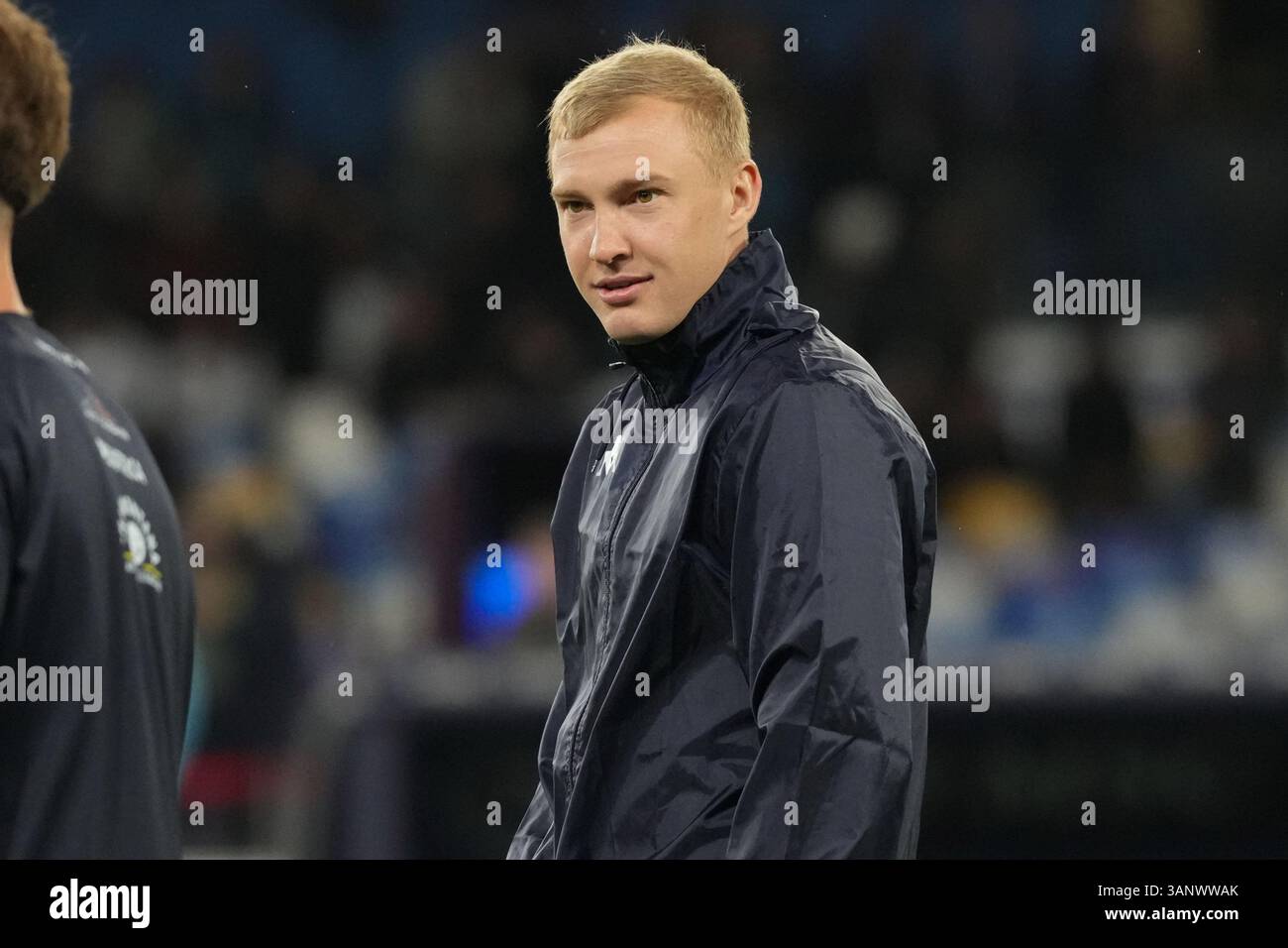 Naples, Italy. 14 Apr, 2025. Viktor Kovalenko of Empoli FC warms up before the Serie A match ...