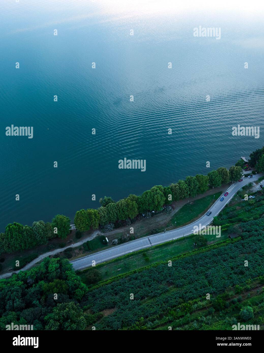 Aerial view of serene Viverone Lake with a winding road and lush ...
