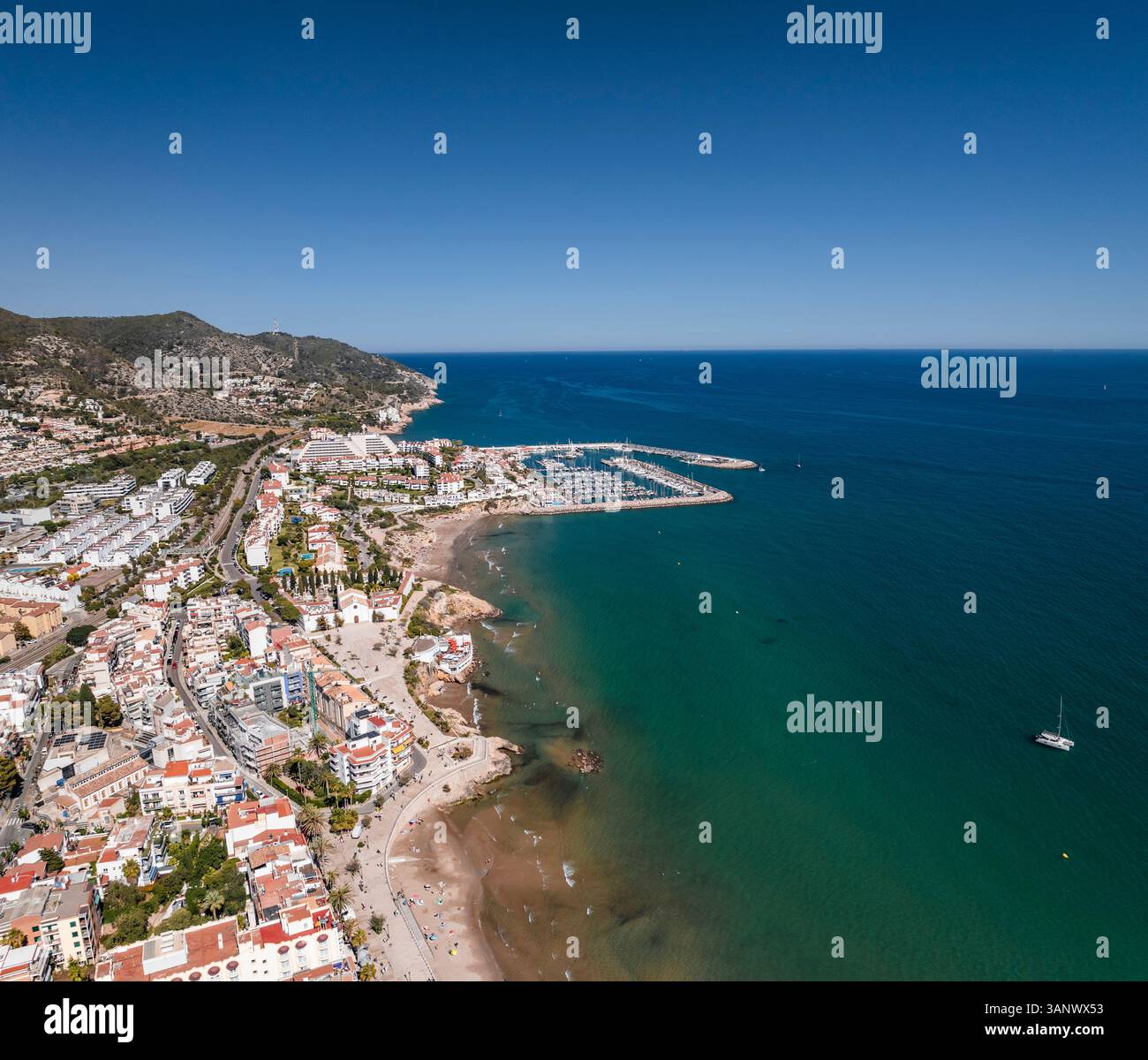 Aerial view of beautiful coastal town Sitges, Barcelona, Spain Stock ...
