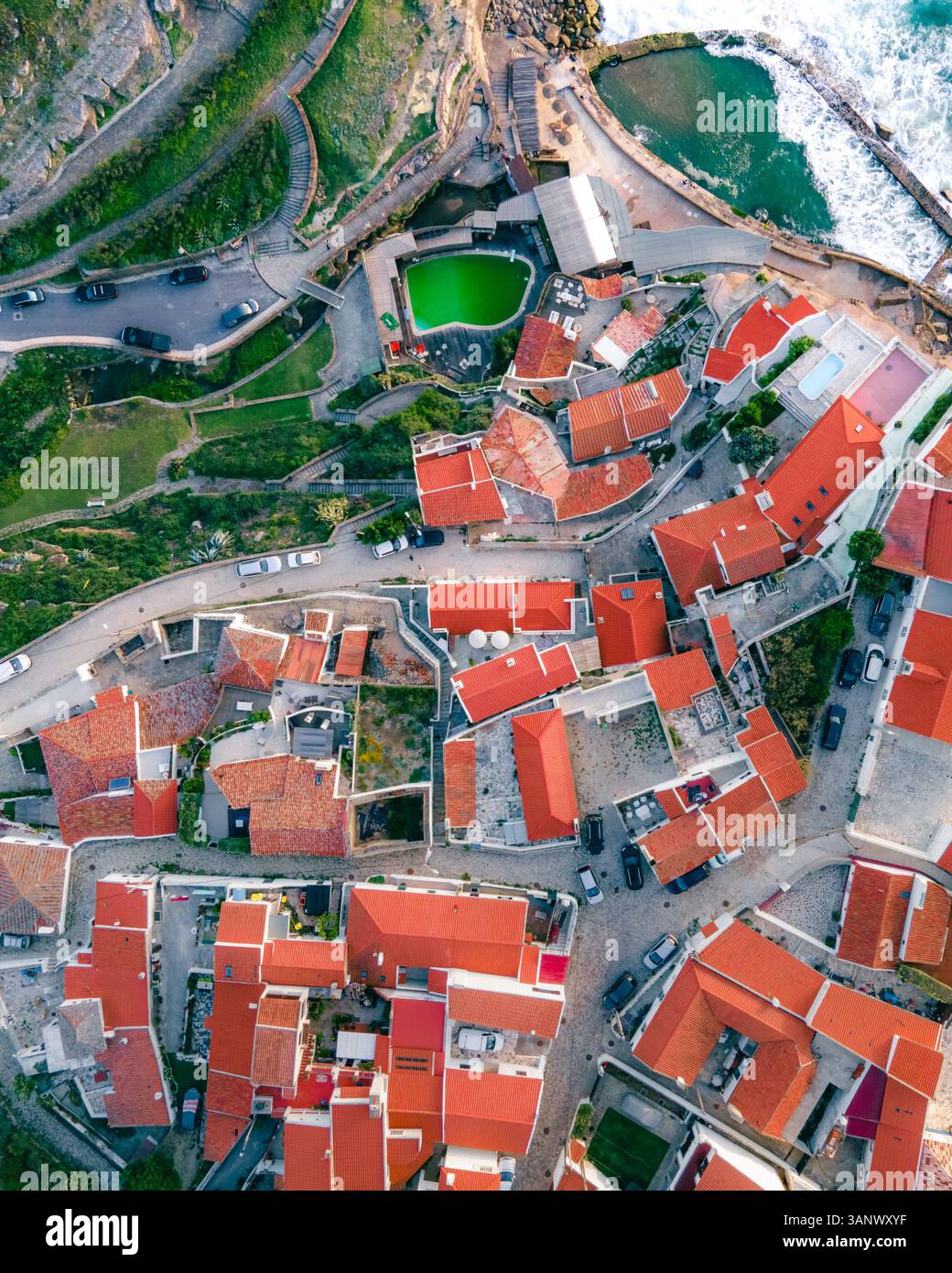 Aerial view of Azenhas do mar from top, view of the red rooftop of a ...