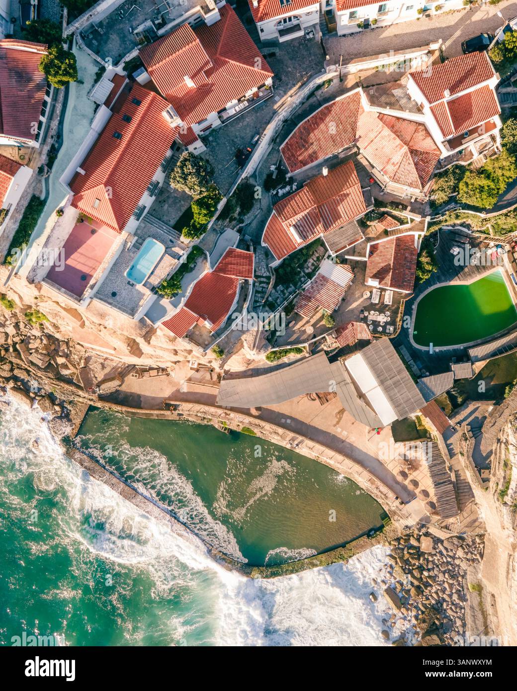 Aerial view of Azenhas do mar from top, view of the red rooftop of a ...