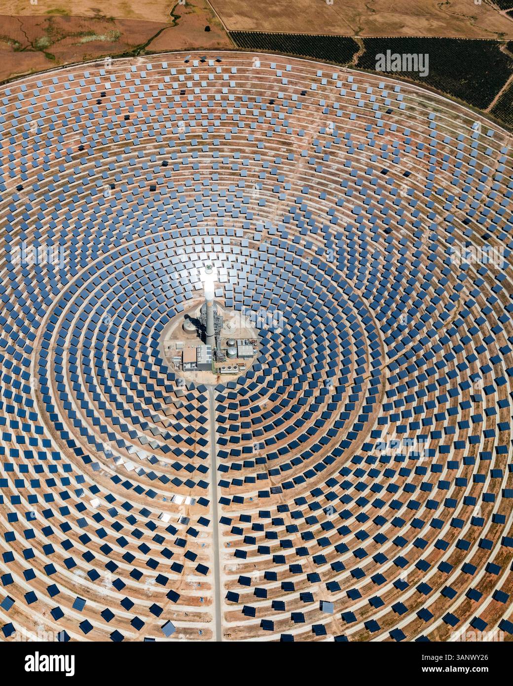 Aerial view of Gemasolar solar panels plant, Fuentes de Andalucia ...