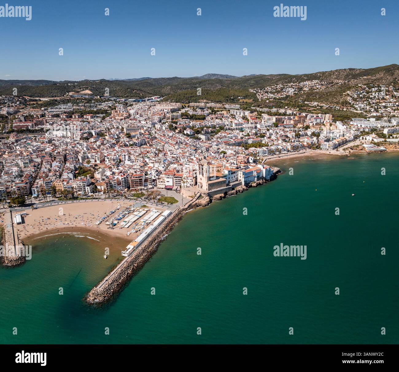 Aerial view of beautiful coastal town Sitges, Catalonia region, Spain ...