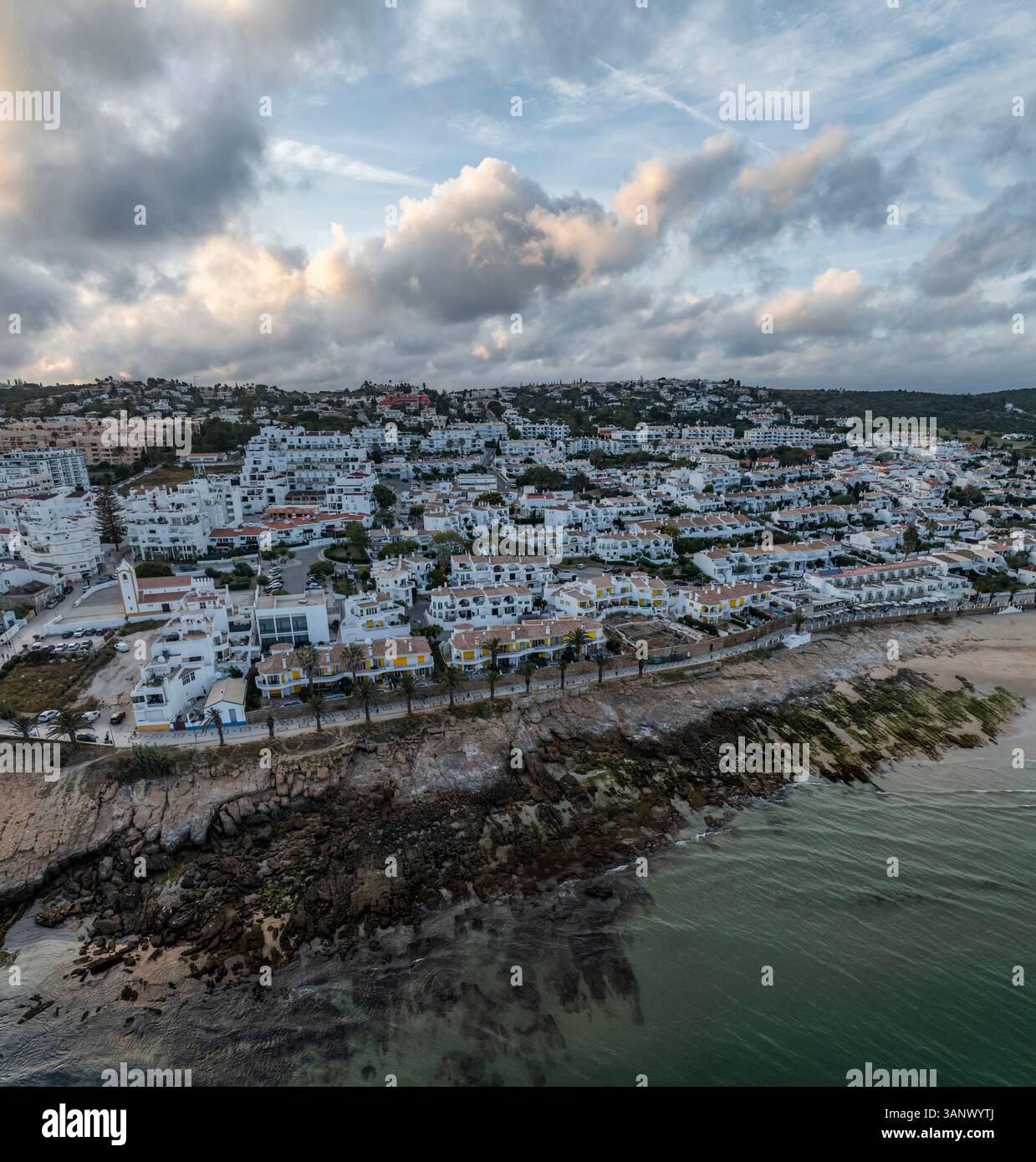 Aerial view of historic coastal town, Praia da Luz, Algarve region ...