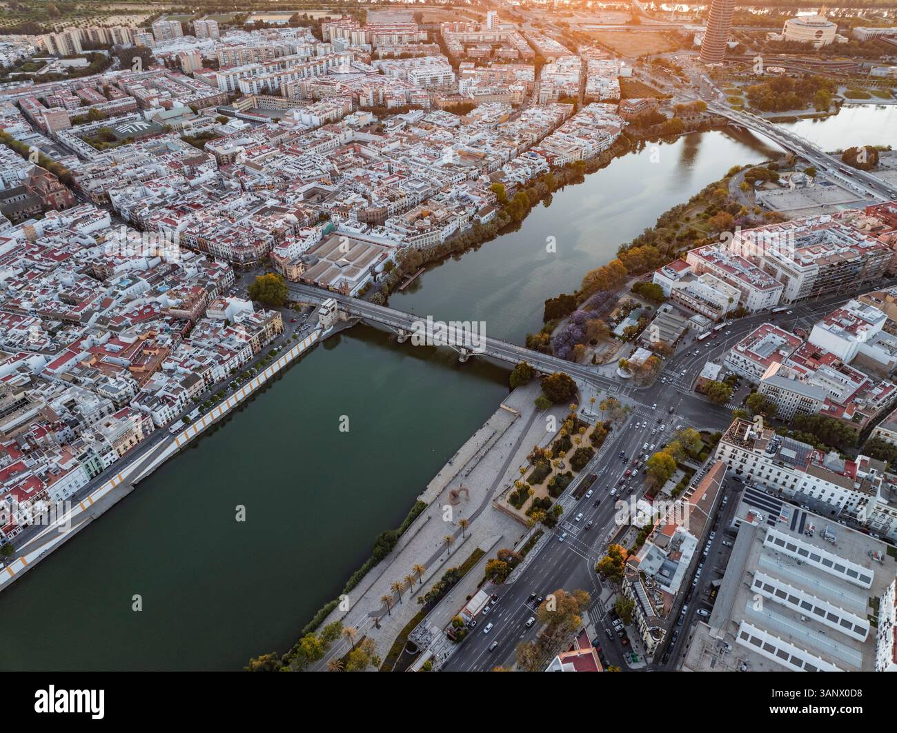 Aerial view of Seville cityscape and Guadalquivir river, Seville, Spain ...