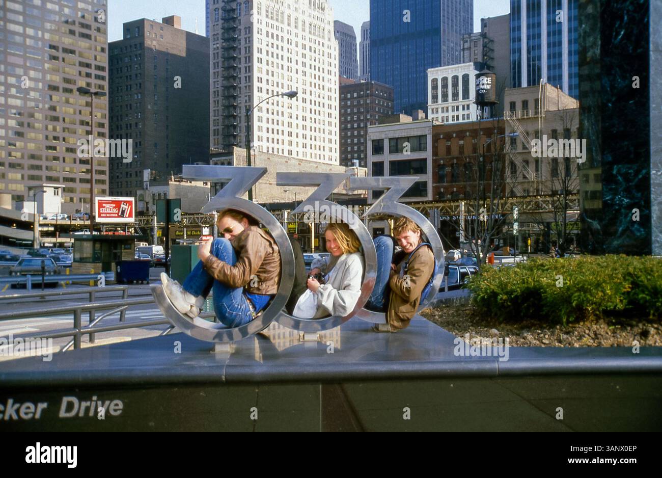 Chicago in 1984. Wacker Drive 333 sign design on corner with Franklin ...