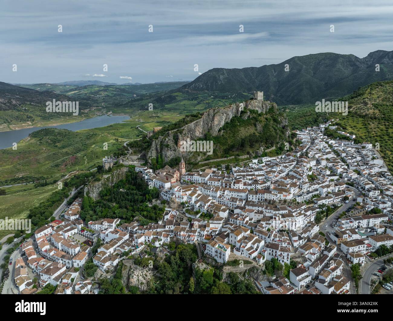Aerial view of medieval town with historic stone buildings, Zahara de ...
