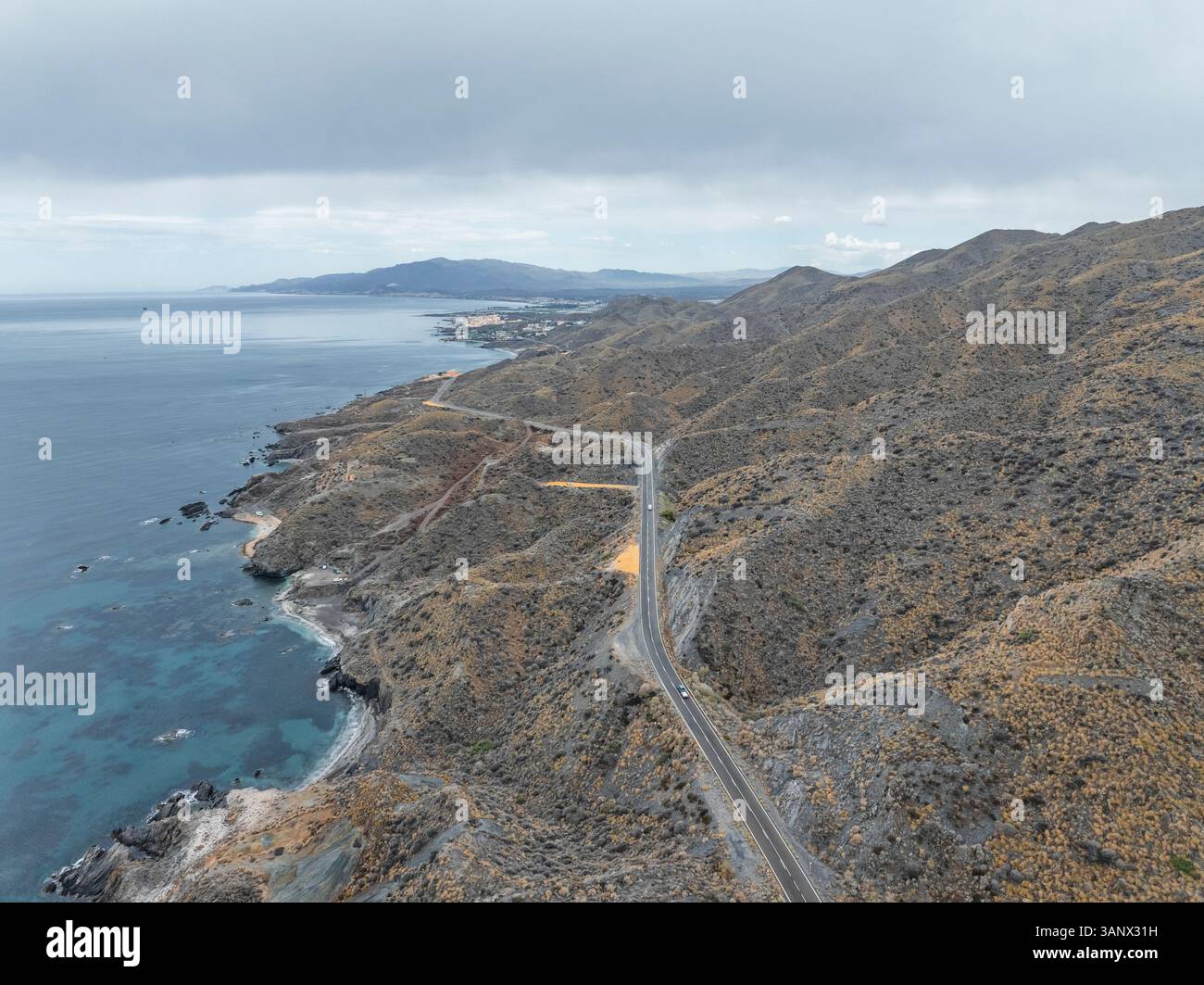 Aerial view of Cala Concha and road, Cuevas del Almanzora, Andalusia ...
