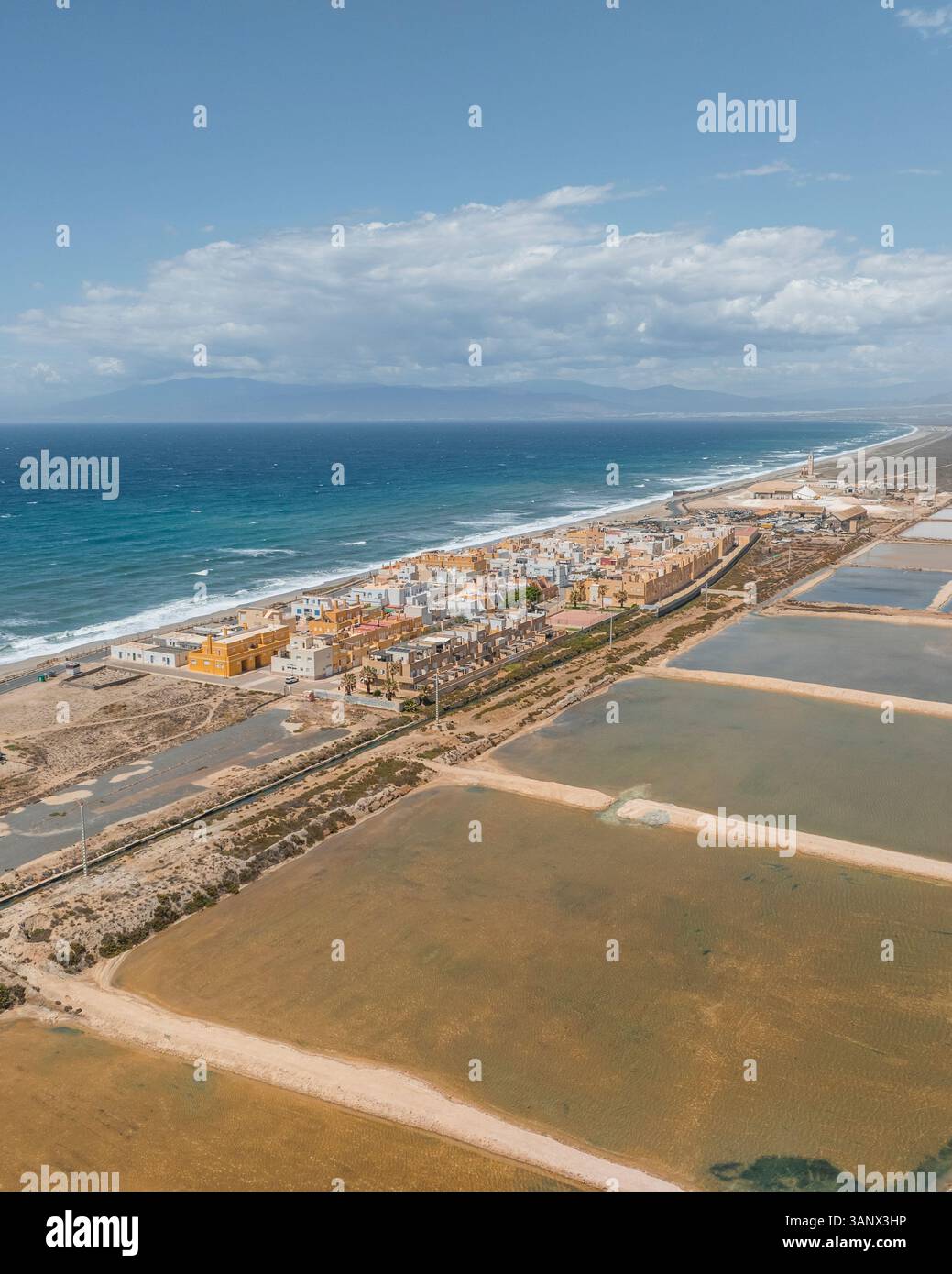 Aerial view of coastal salt lakes in Cabo de Gata National Park ...