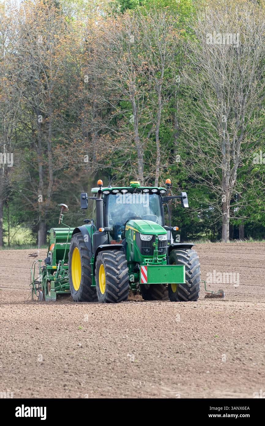 Kingsclere, West Berkshire, UK. 14th April, 2025. A farmer at work in a ...
