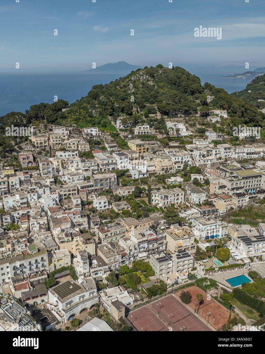 Aerial view of historic old town by the Mediterranean Sea, Capri Island ...