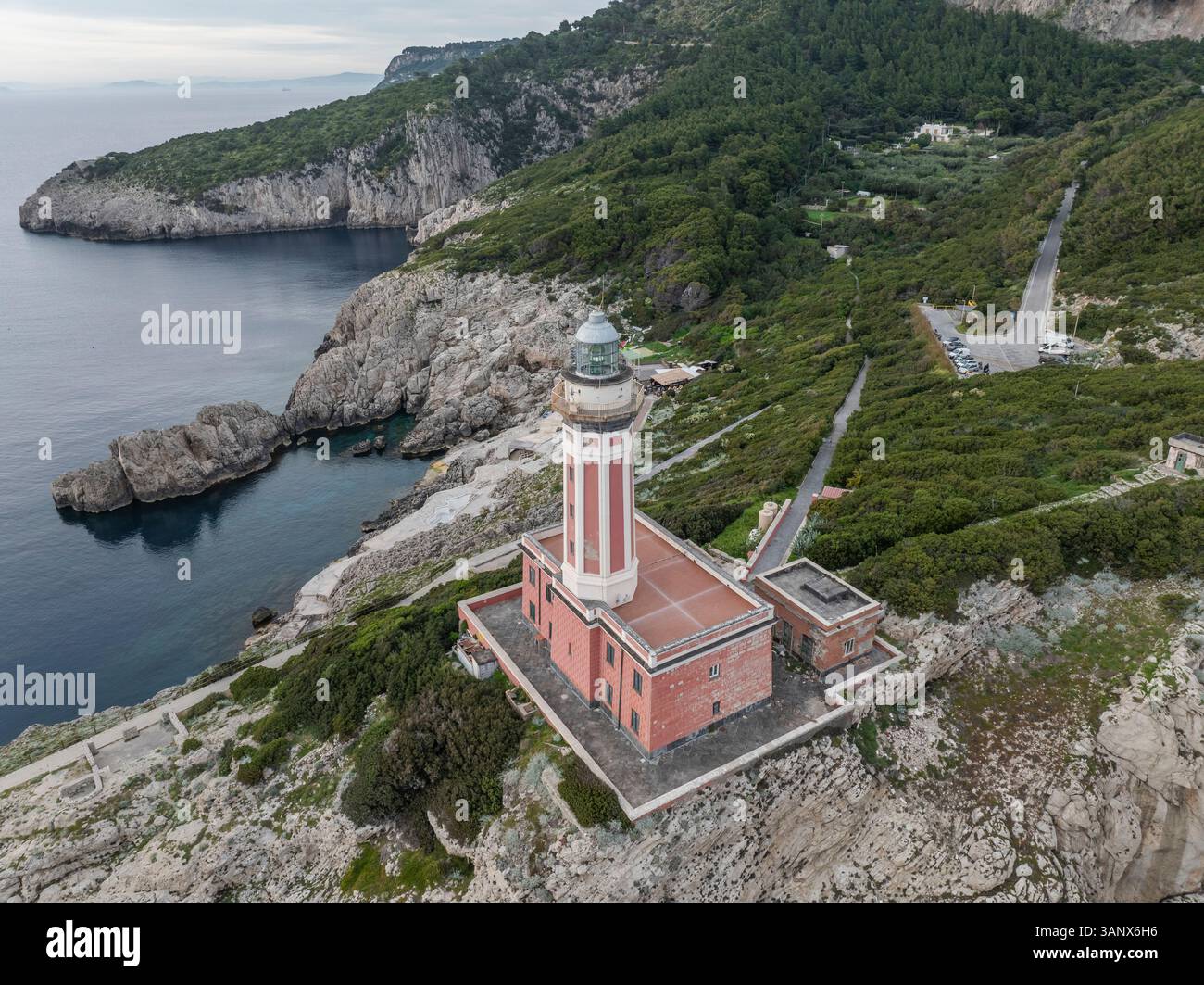 Aerial view of blue sea and coastline with Punta Carena Lighthouse ...