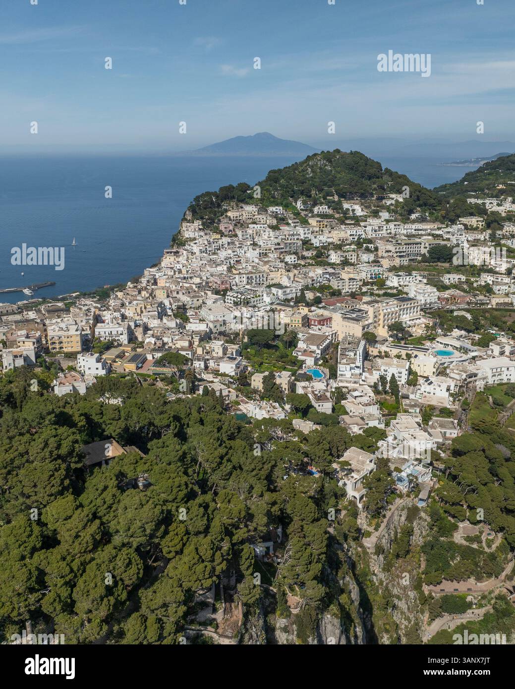 Aerial view of colourful coastal town with medieval architecture and ...