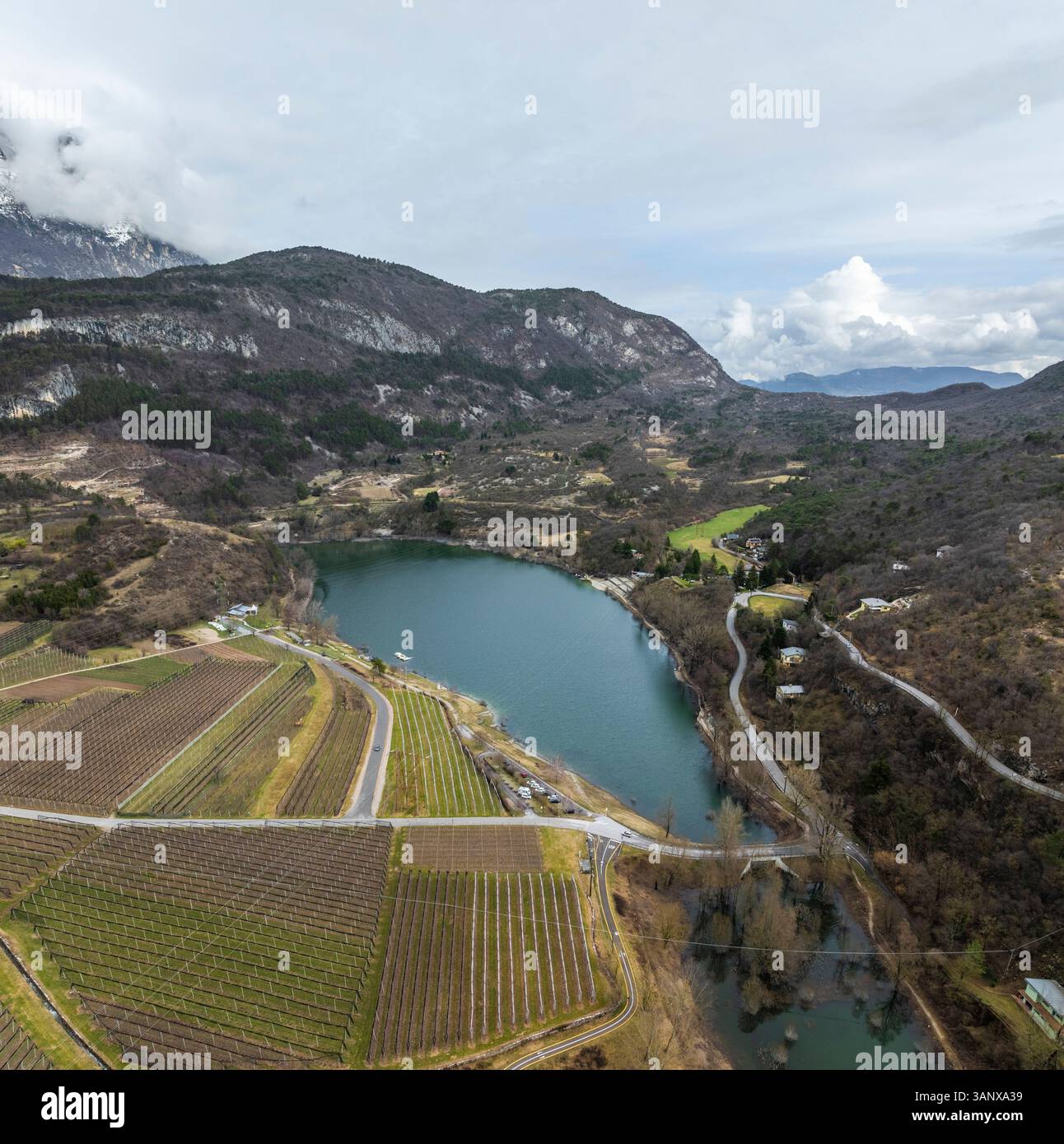 Aerial view of Terlago Lake and surrounding nature in Vallelaghi ...
