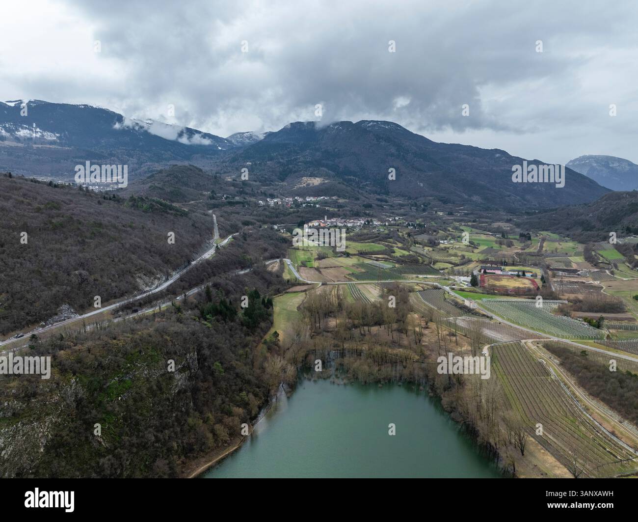 Aerial view of Terlago Lake, Terlago town, dolomites, trentino ...