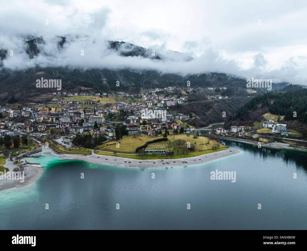 Aerial view of Molveno lake and the beautiful dolomites, Molveno, Italy ...