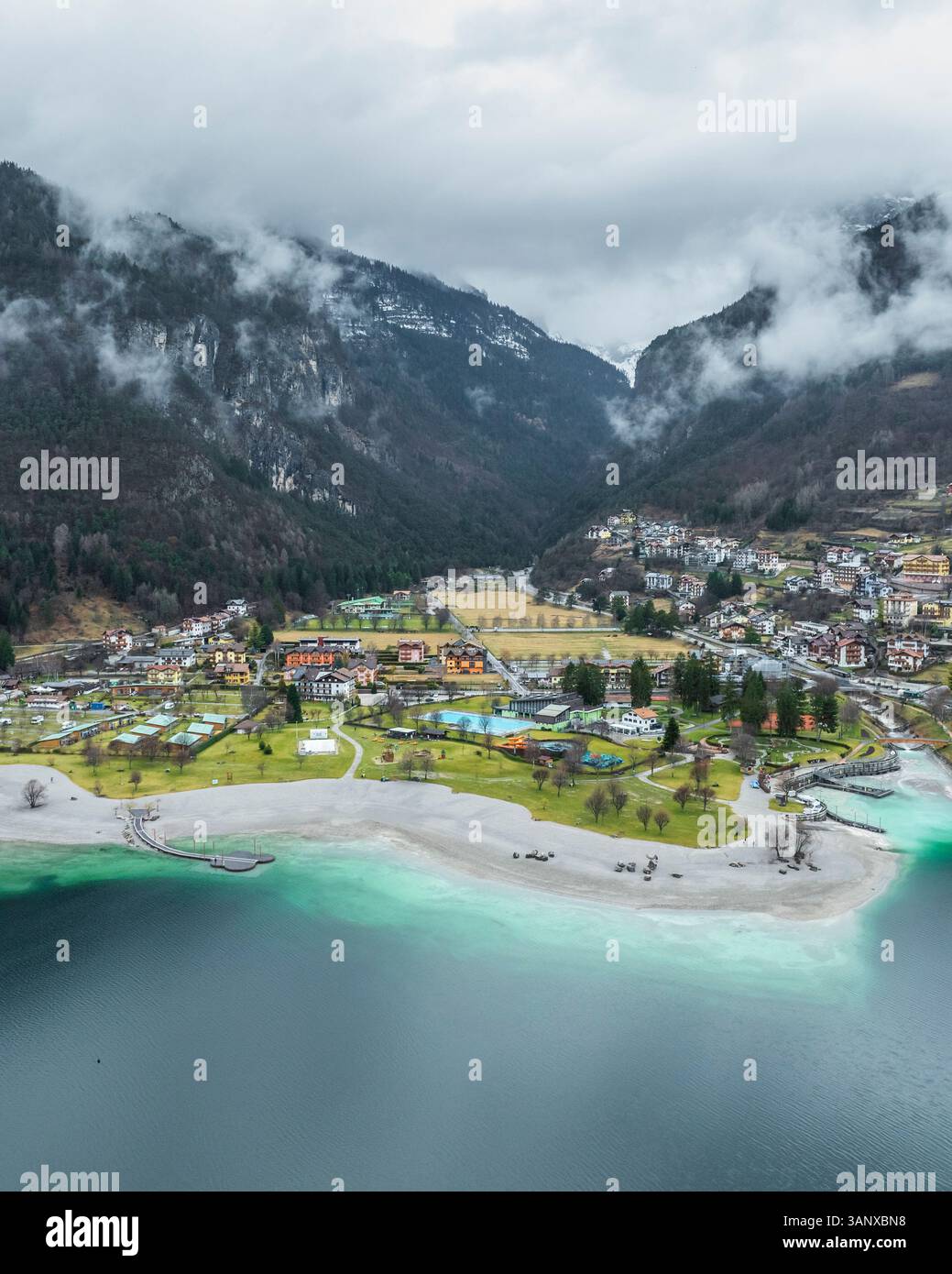 Aerial view of Molveno lake in the beautiful Dolomites, Molveno, Italy ...