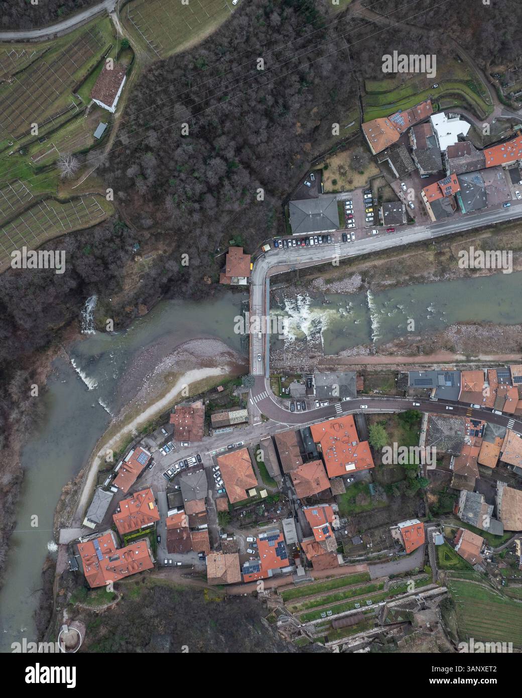 Aerial view of Lavis, Trento, Avisio river, and creek, Trento, Italy ...
