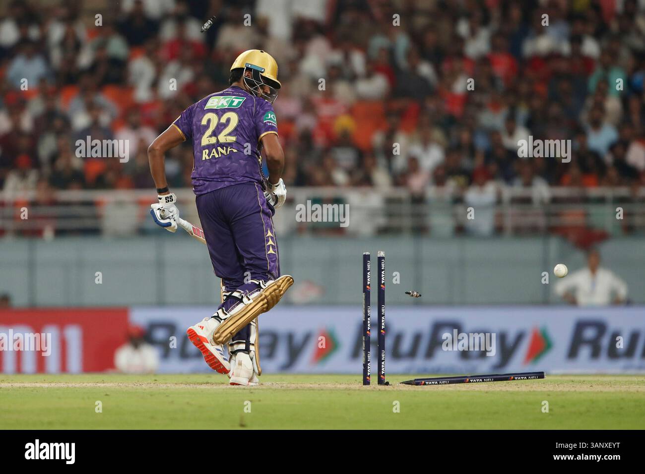 Kolkata Knight Riders' Harshit Rana is bowled out by Punjab Kings' Marco Jansen during the ...